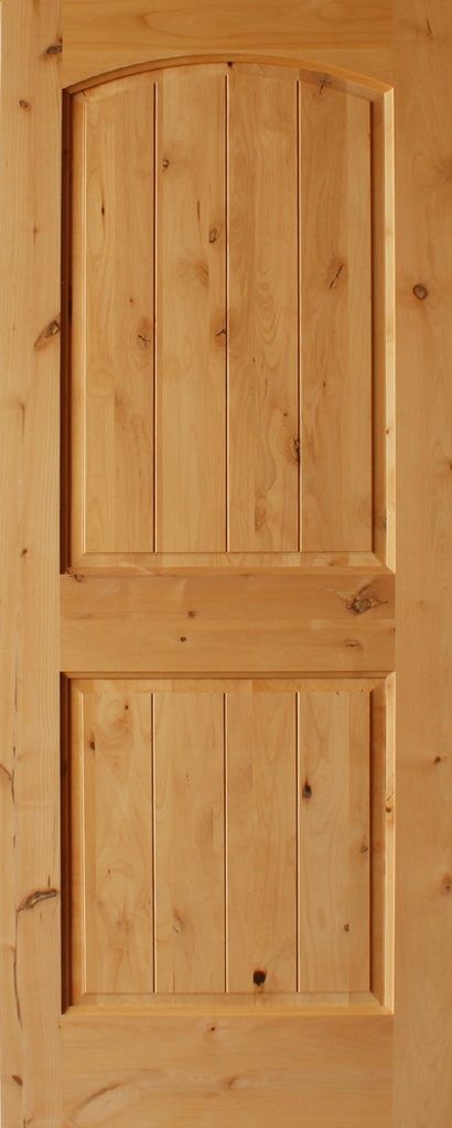 2-Panel Knotty Alder Interior Door with Planks and Top Rail Arch